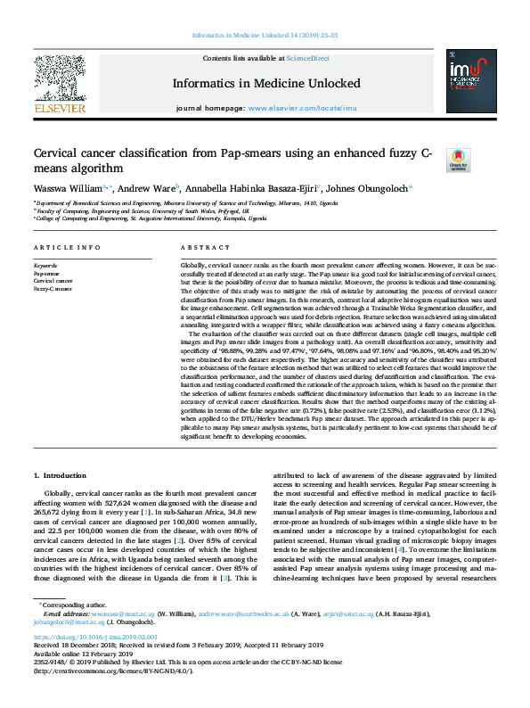 Pdf Cervical Cancer Classification From Pap Smears Using An Enhanced Fuzzy C Means Algorithm