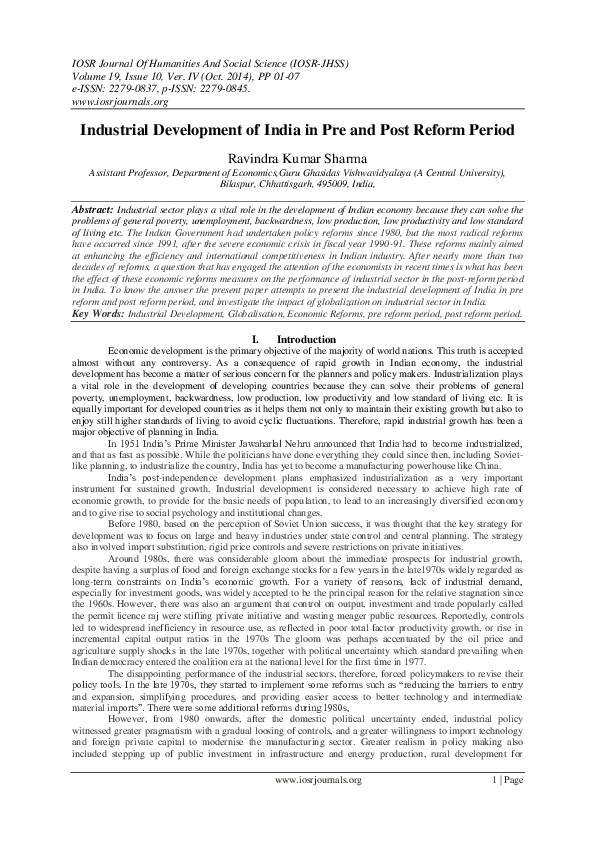 (PDF) Industrial Development of India in Pre and Post Reform Period