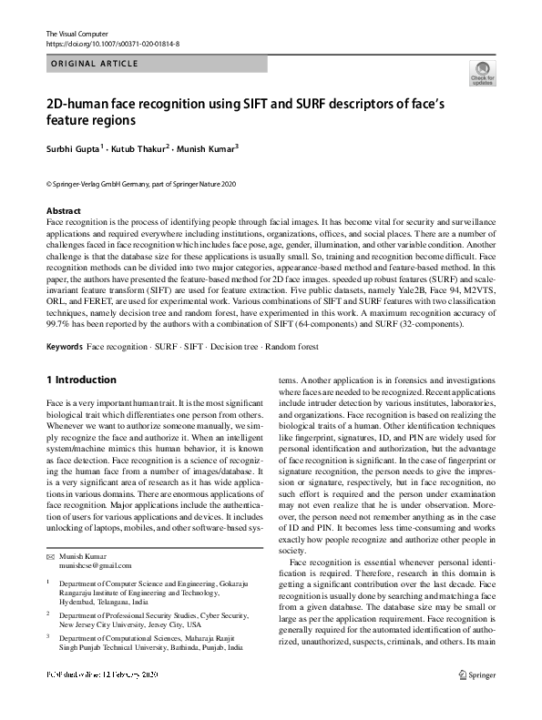 Pdf 2d Human Face Recognition Using Sift And Surf Descriptors Of Face