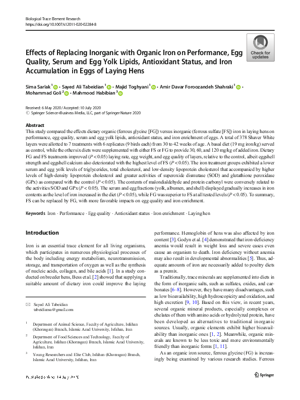 (PDF) Effects of Replacing Inorganic with Organic Iron on Performance, Egg Quality, Serum and ...