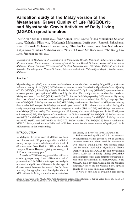 (PDF) Validation study of the Malay version of the Myasthenia Gravis ...