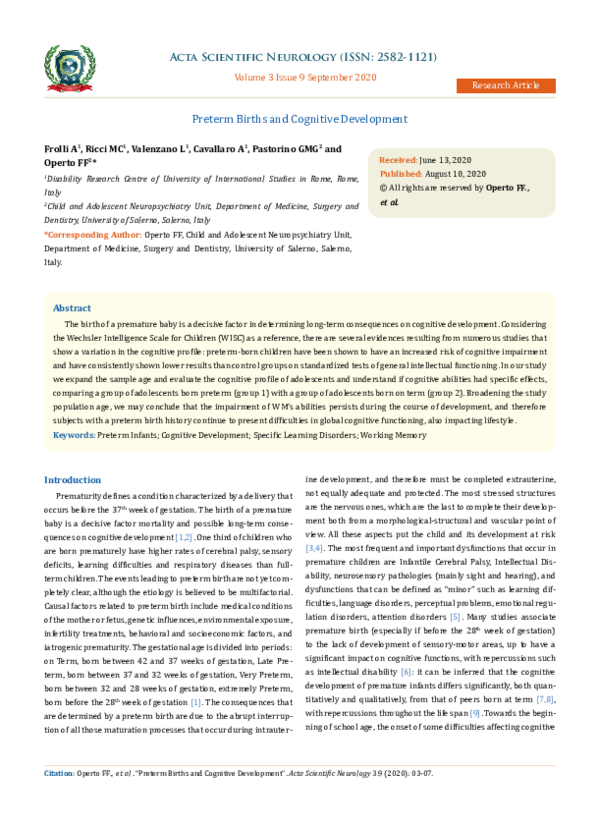 (PDF) Preterm Births and Cognitive Development