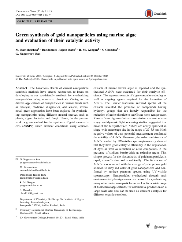 (PDF) Green synthesis of gold nanoparticles using marine algae and evaluation of their catalytic ...