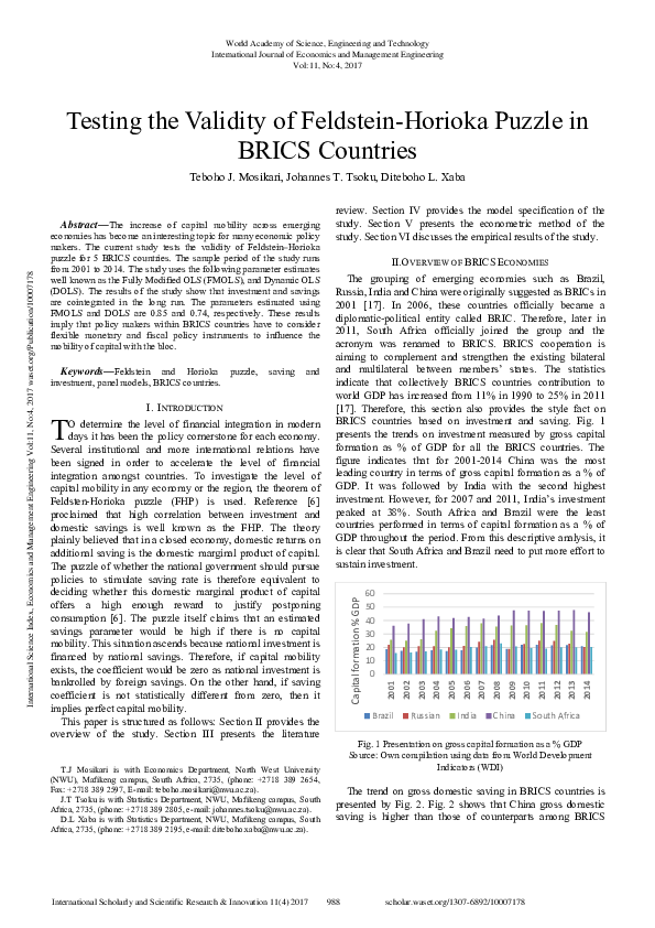 (PDF) Testing The Validity Of Feldstein-Horioka Puzzle In Brics Countries