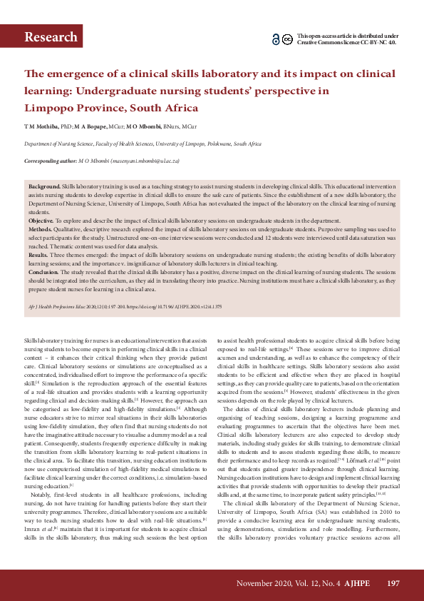 (PDF) Impact of Skills Laboratory on Nursing Students' Learning in Limpopo