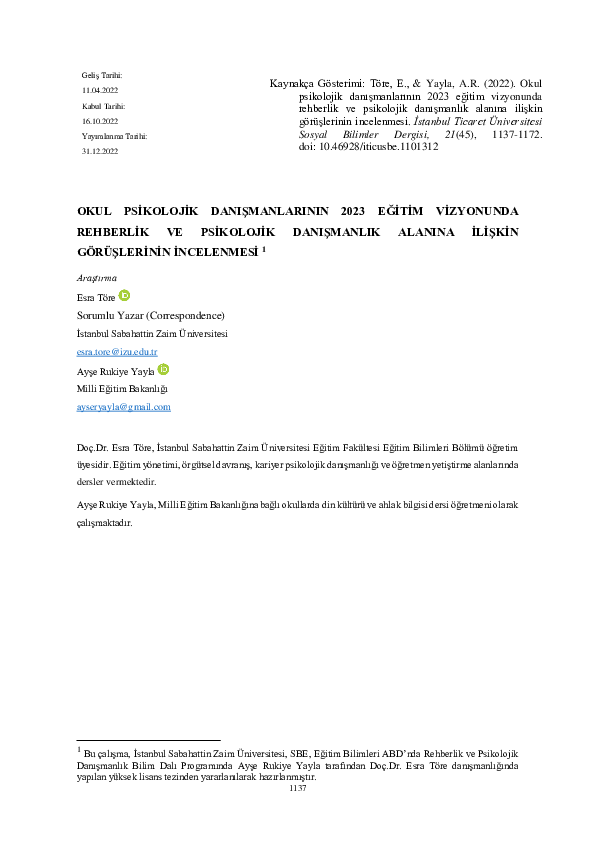 (PDF) Okul Psikolojik Danışmanlarının 2023 Eğitim Vizyonunda Rehberlik ...