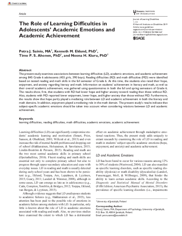 (PDF) The Role of Learning Difficulties in Adolescents’ Academic ...