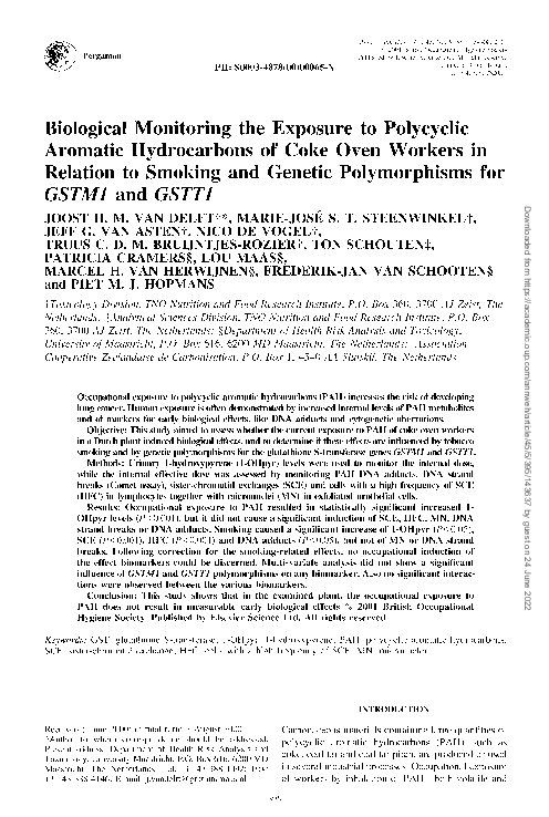 (PDF) Biological Monitoring the Exposure to Polycyclic Aromatic Hydrocarbons of Coke Oven ...
