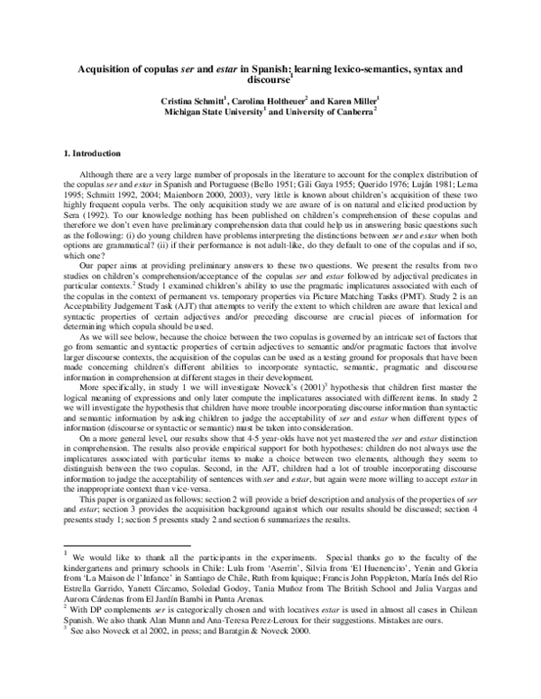 (PDF) Acquisition of copulas ser and estar in Spanish: learning lexico ...