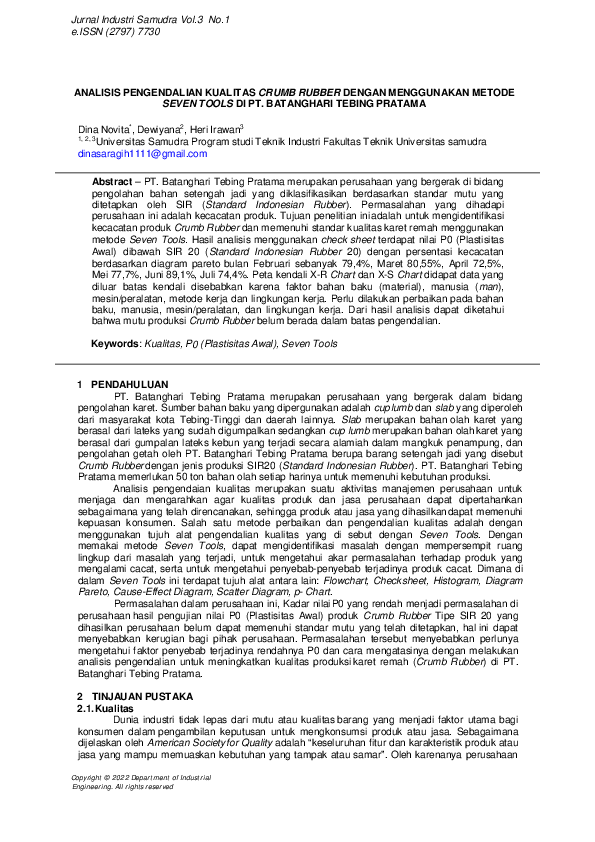 (PDF) Analisis Pengendalian Kualitas Crumb Rubber Dengan Menggunakan Metode Seven Tools DI Pt ...