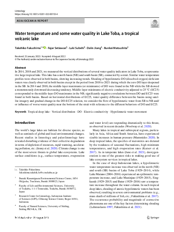 (PDF) Water temperature and some water quality in Lake Toba, a tropical volcanic lake