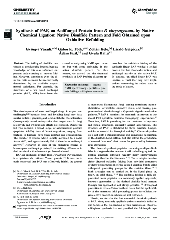 (PDF) Synthesis of PAF, an Antifungal Protein fromP. chrysogenum, by ...
