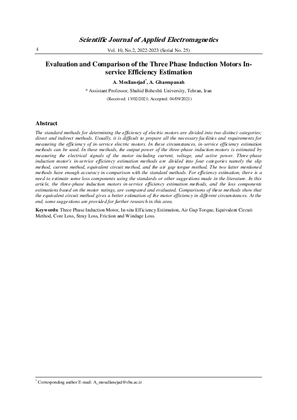 (PDF) Evaluation and Comparison of the Three Phase Induction Motors Inservice Efficiency Estimation