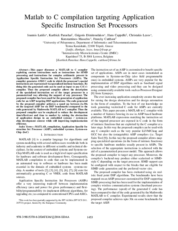Pdf Matlab To C Compilation Targeting Application Specific Instruction Set Processors