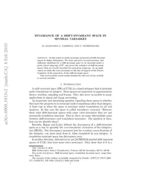 (PDF) Invariance of a Shift-Invariant Space in Several Variables | Victoria Paternostro ...