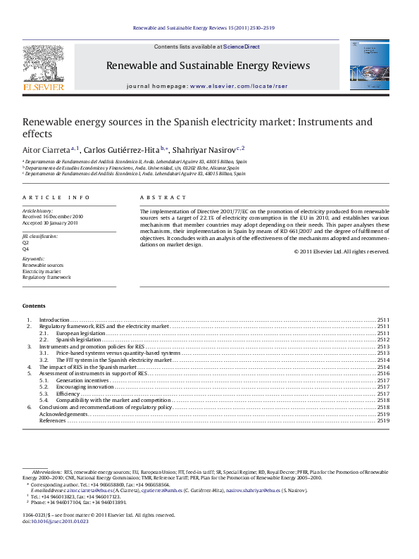 (PDF) Renewable energy sources in the Spanish electricity market ...