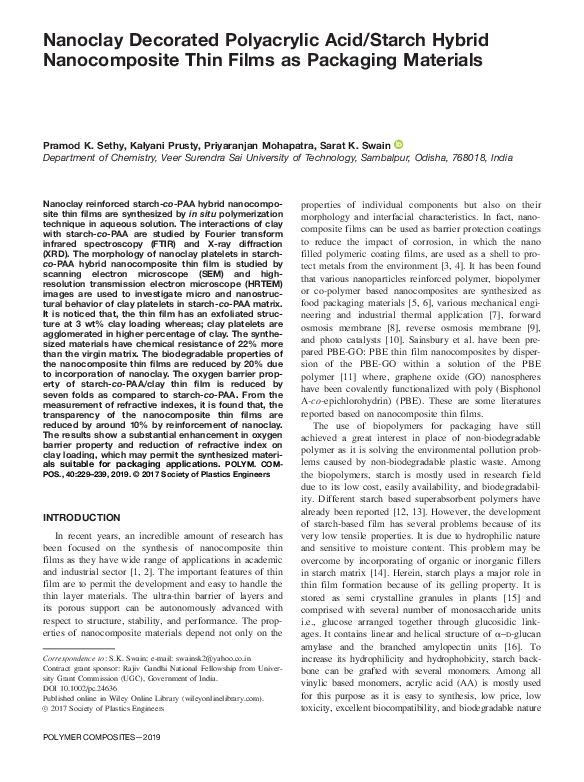 Nanoclay decorated polyacrylic acid/starch hybrid nanocomposite thin ...