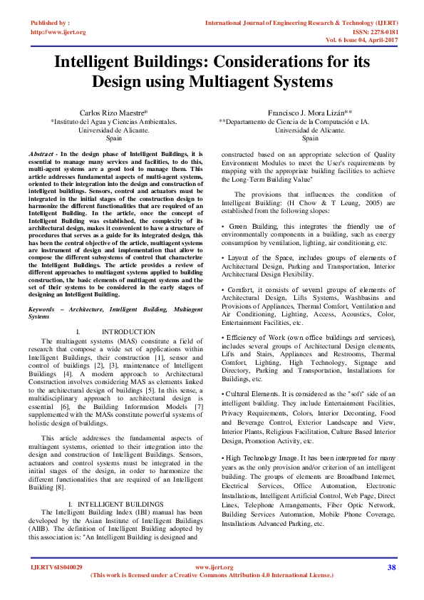 (PDF) Intelligent Buildings: Considerations for its Design using Multiagent Systems