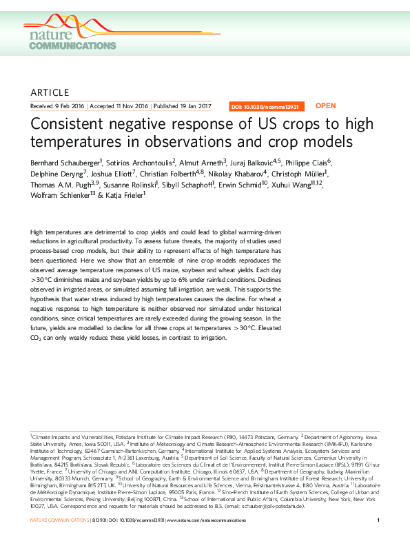 (PDF) Consistent negative response of US crops to high temperatures in ...