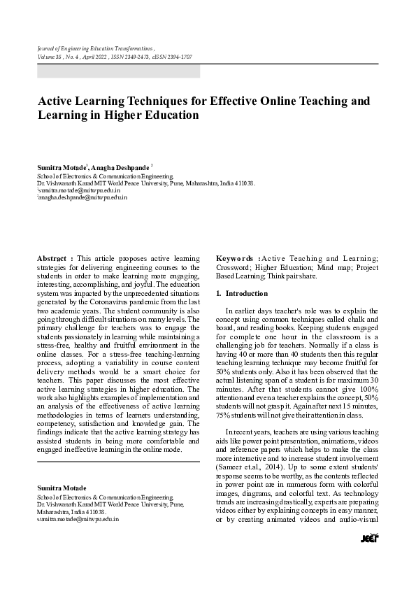 (PDF) Active Learning Techniques for Effective Online Teaching and Learning in Higher Education