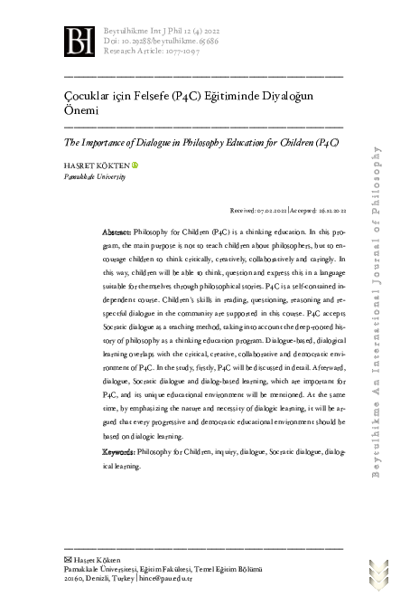 (PDF) Cocuklar icin Felsefe P4C Egitiminde Diyalogun Onemi