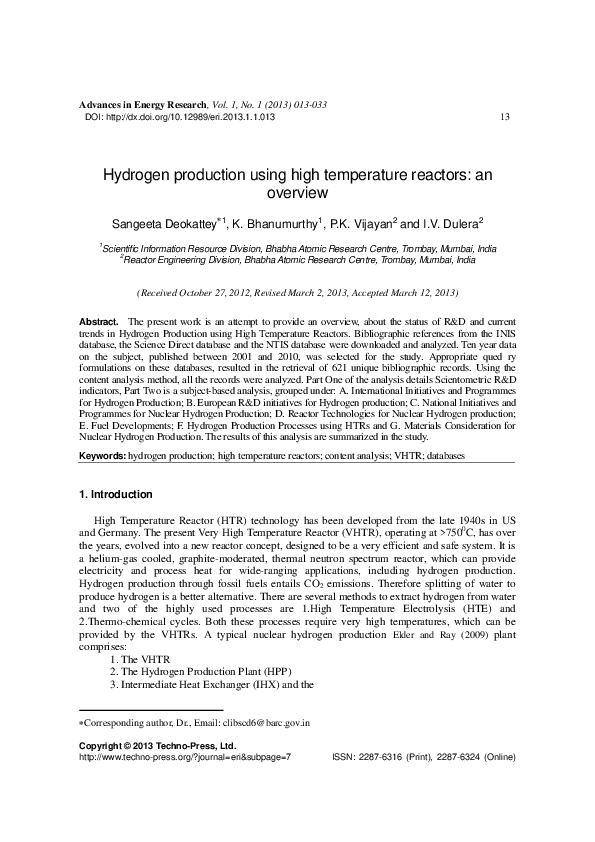 (PDF) Hydrogen production using high temperature reactors: an overview