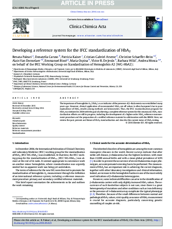 (PDF) Developing a reference system for the IFCC standardization of HbA2