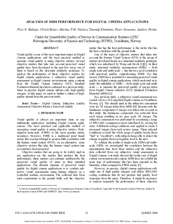 (PDF) Analysis of SSIM performance for Digital Cinema applications ...
