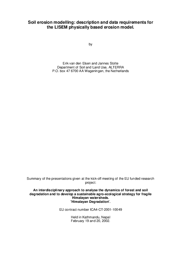 (PDF) Soil erosion modelling: description and data requirements for the LISEM physically based ...