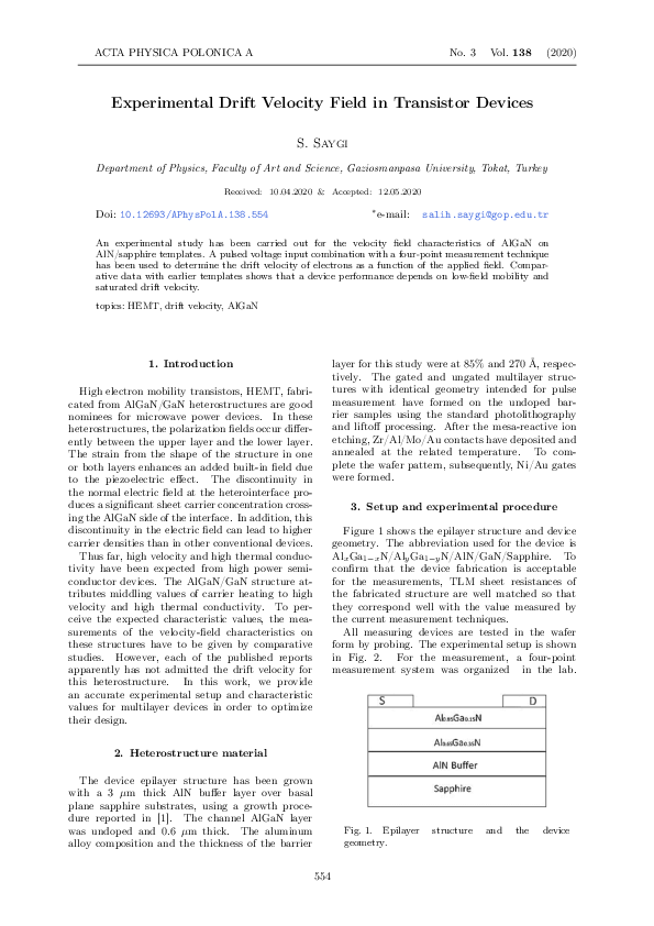 (PDF) Experimental Drift Velocity Field in Transistor Devices
