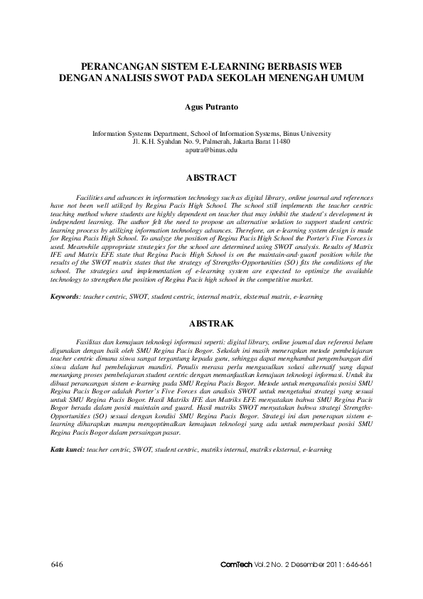 (PDF) Perancangan Sistem E-Learning Berbasis Web dengan Analisis SWOT pada Sekolah Menengah Umum