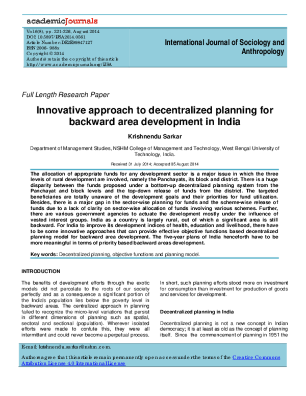 (PDF) Innovative approach to decentralized planning for backward area ...