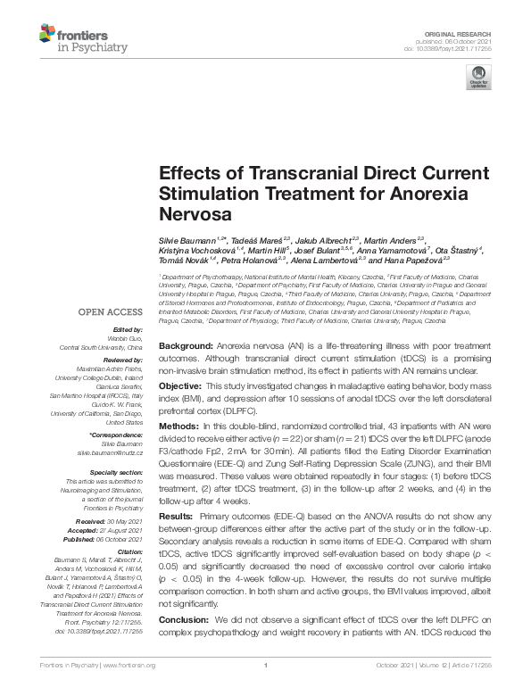 (PDF) Effects of Transcranial Direct Current Stimulation Treatment for Anorexia Nervosa