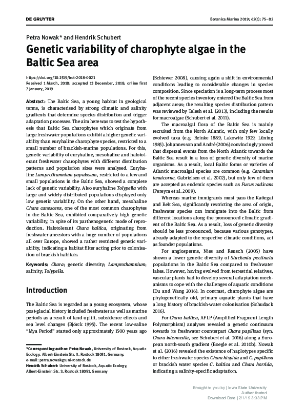 (PDF) Genetic variability of charophyte algae in the Baltic Sea area