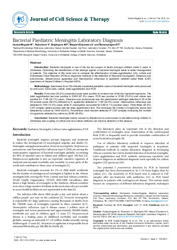 (PDF) Bacterial Paediatric Meningitis Laboratory Diagnosis