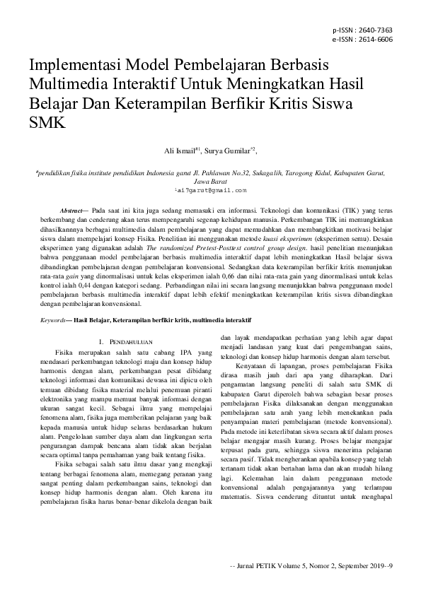 (PDF) Implementasi Model Pembelajaran Berbasis Multimedia Interaktif Untuk Meningkatkan Hasil ...