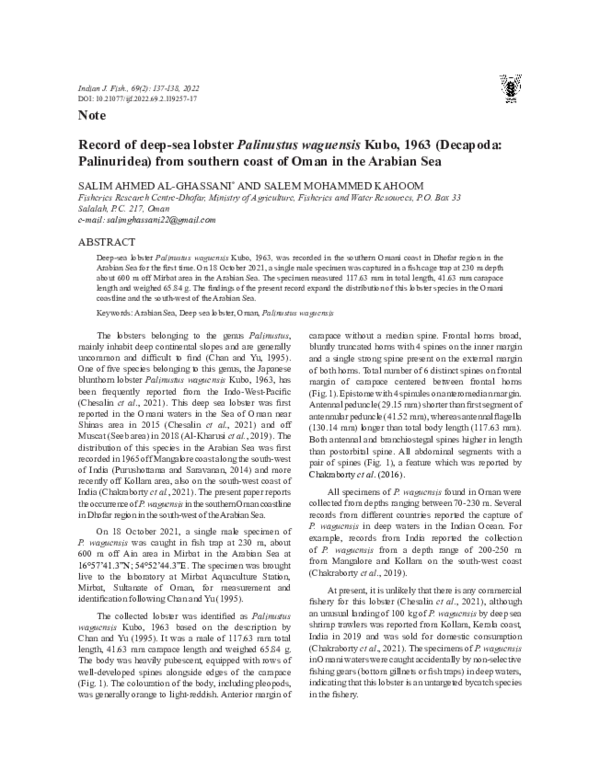 (PDF) Record of deep-sea lobster Palinustus waguensis Kubo, 1963 ...