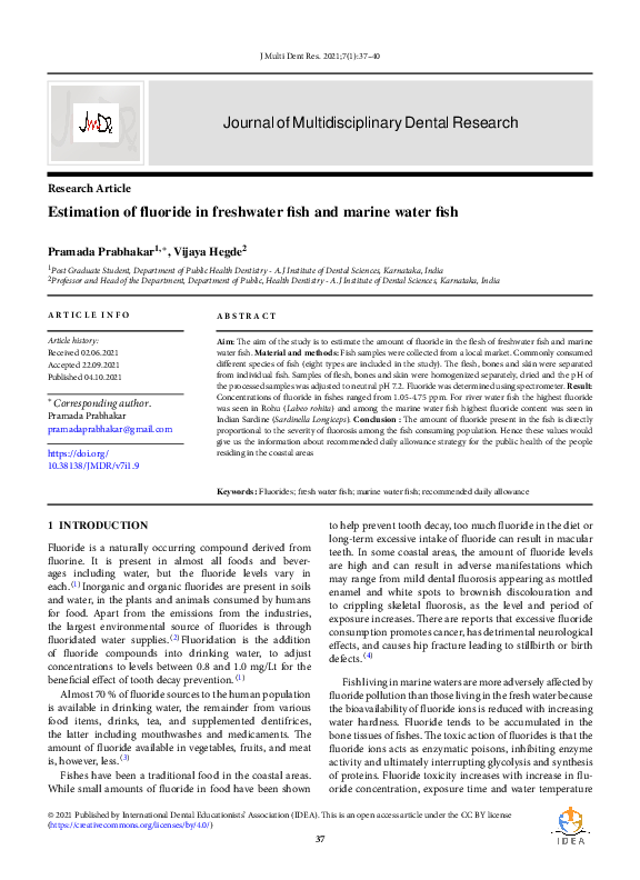 (PDF) Estimation of fluoride in freshwater fish and marine water fish
