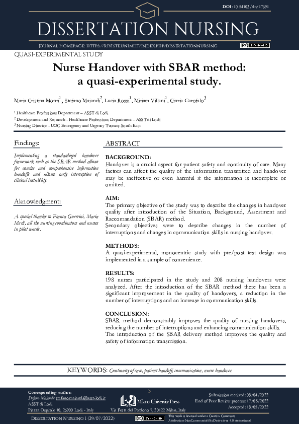 (PDF) Nurse Handover with SBAR method: a quasi-experimental study