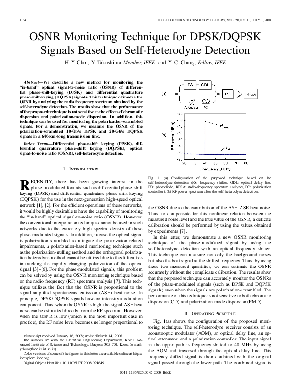 (PDF) OSNR Monitoring Technique for DPSK/DQPSK Signals Based on Self-Heterodyne Detection