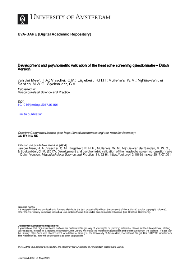 (PDF) Development and psychometric validation of the headache screening questionnaire – Dutch ...
