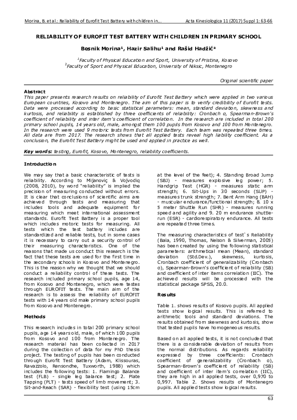 (PDF) Reliability of Eurofit Test Battery with children in