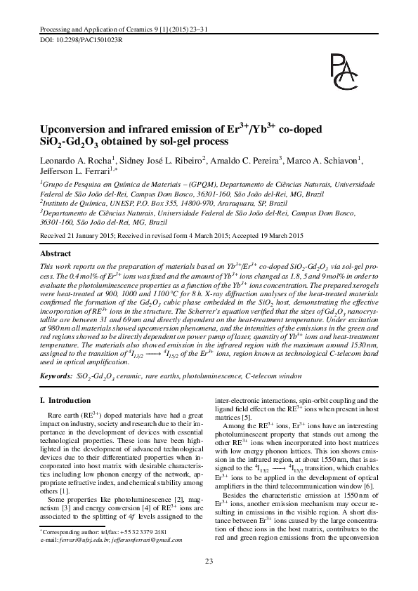 (PDF) Upconversion and infrared emission of Er3+/Yb3+ co-doped SiO2-Gd2O3 obtained by sol-gel ...