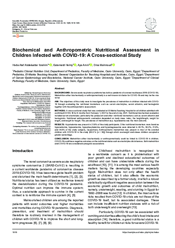 (PDF) Biochemical and Anthropometric Nutritional Assessment in Children ...