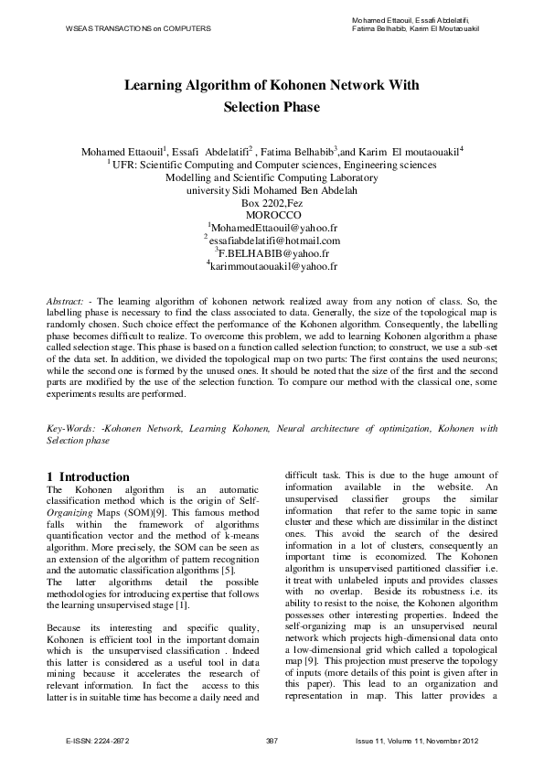(PDF) Learning Algorithm of Kohonen Network With Selection Phase
