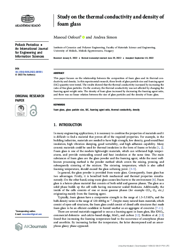(PDF) Study on the thermal conductivity and density of foam glass