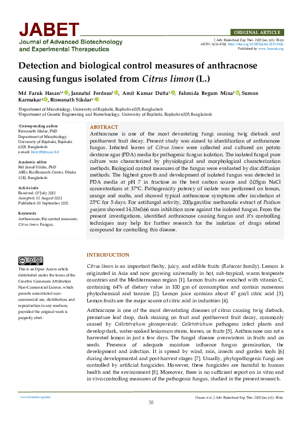 (PDF) Detection and biological control measures of anthracnose causing ...