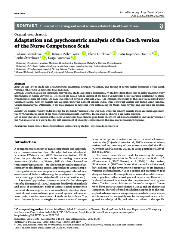 (PDF) Adaptation and psychometric analysis of the Czech version of the ...