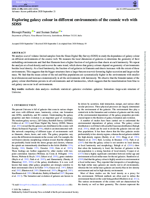 (PDF) Exploring galaxy colour in different environments of the cosmic ...