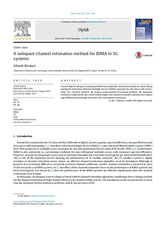 (PDF) A subspace channel estimation method for IDMA in 5G systems